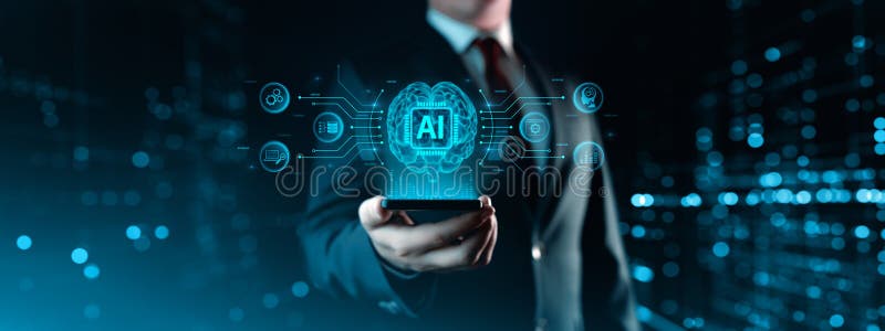 AI - Artificial Intelligence Concept. a Businessman Holds a Smartphone ...