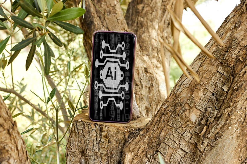 AI (Artificial Intelligence) Concept on Phone Screen on Tree Trunk Wood ...