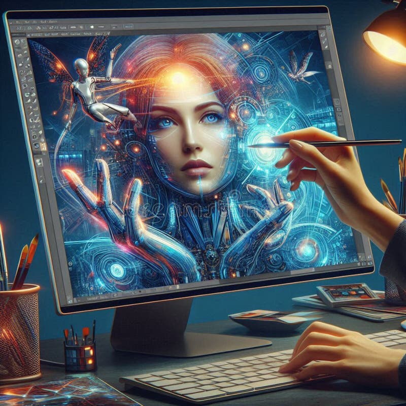 Artist Woman Using AI Art Assistant To Generate Images Stock ...