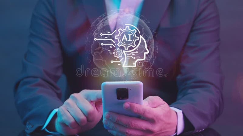 AI Artificial Intelligence Icon and Globe Hologram Above Smartphone ...