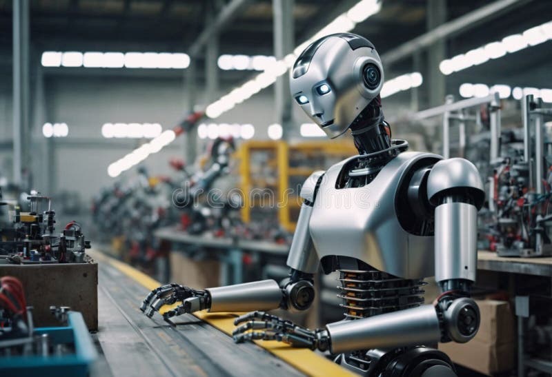 Humanoid Robot Does Its Job in a Factory Assembly Line Stock ...