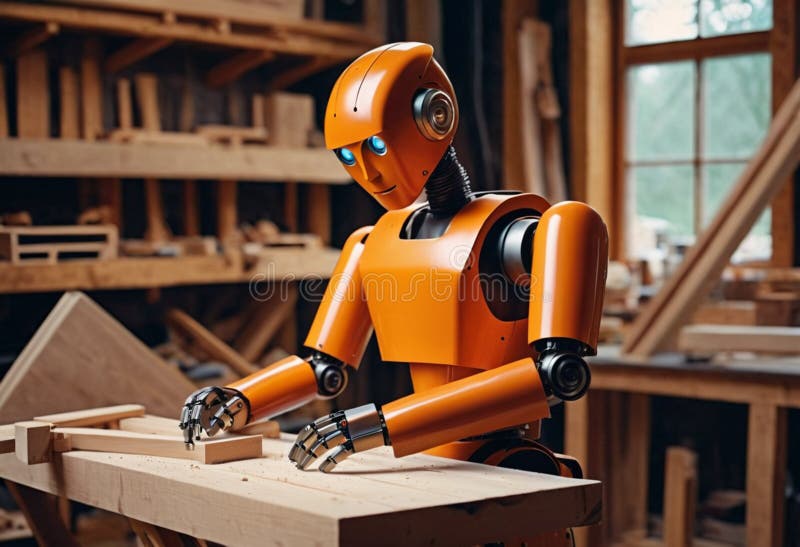 Orange Humanoid Robot Do His Job in a Carpentry, Handling Pieces of ...