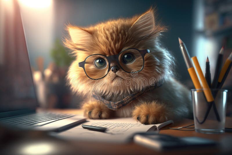 AI Artwork of Adorable Cat Working at Table with Netbook and Documents ...