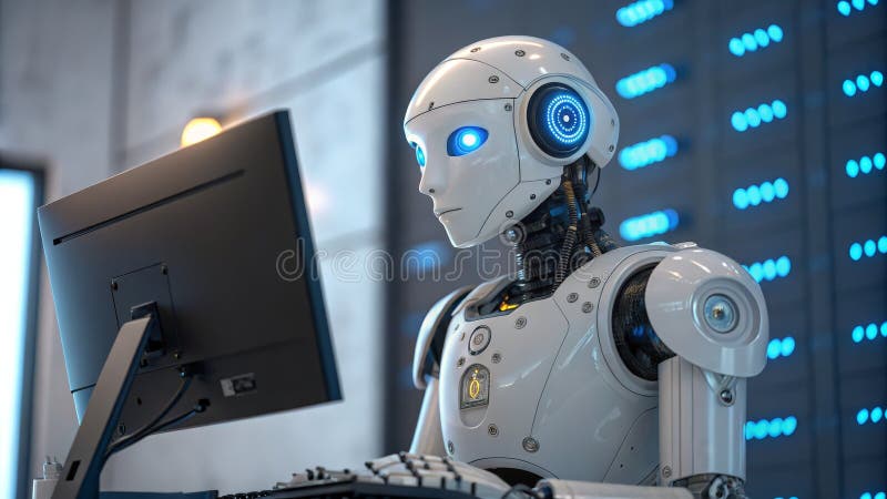 AI Assistant at Computer Robotic Perspective, Digital Composition, Blue ...