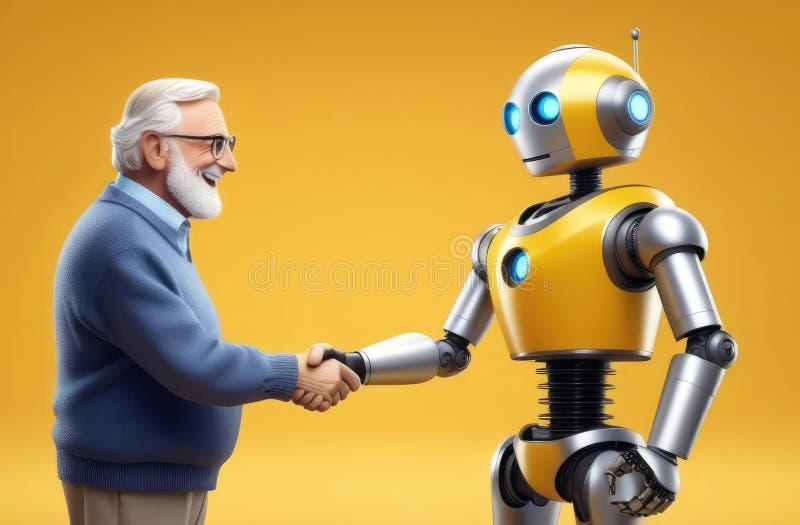 AI Assistant, Futuristic Technologies. Senior Man Shaking Hands with ...