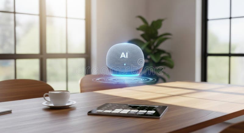 Ai Assistant Hologram in Modern Office with Tablet and Coffee Cup on ...