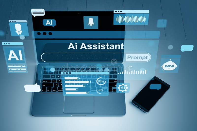 Ai Assistant Interface on Laptop Screen with Smartphone. 3D Rendering ...