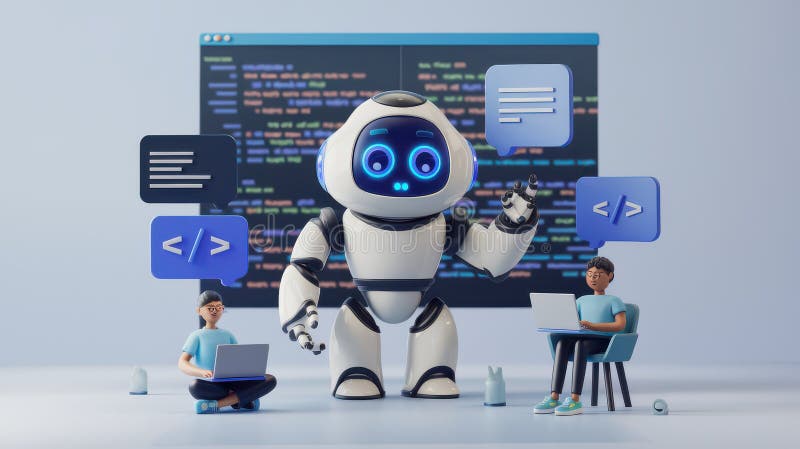 Ai Assistant Robot Helping Programmers with Coding and Software Development Illustration Render ...