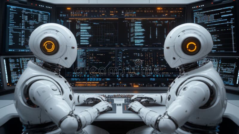 AI Assistants Engaged in Data Analysis within a High-tech Control Room ...