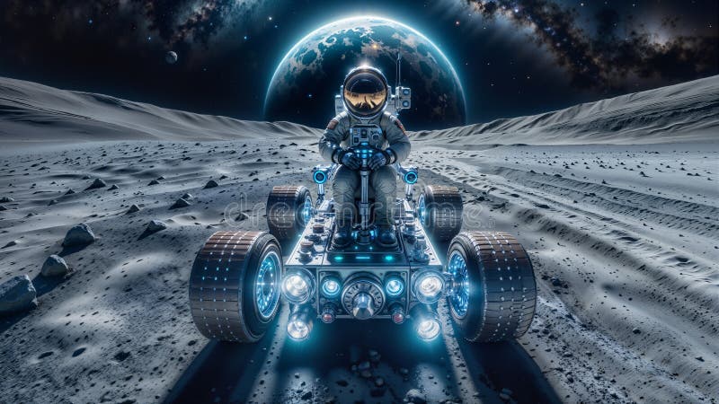 AI. an Astronaut Rides a Space Car on the Surface of the Moon. an Astronaut Drives a Modern ...