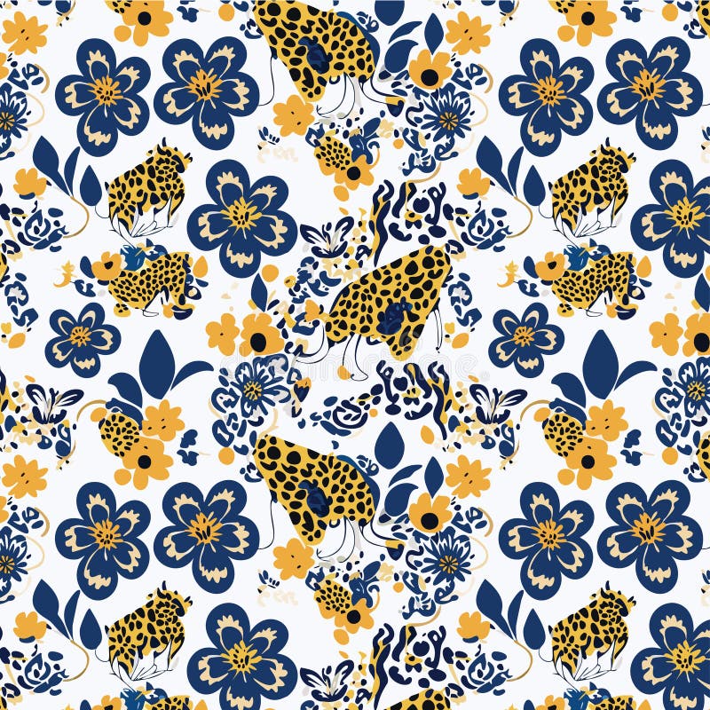 Floral Leopard Print Daisy Pattern in Blue and Gold Stock Vector ...