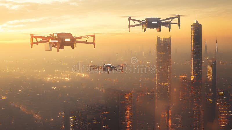 AI-Based Autonomous Drone Delivery Network a City. Stock Illustration ...