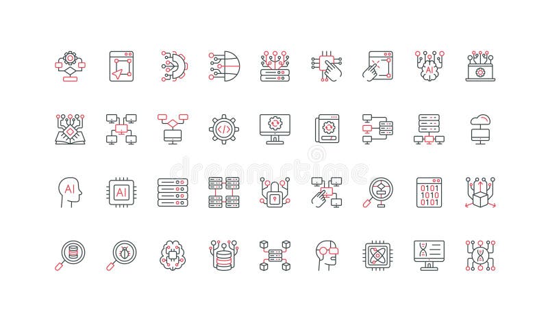 AI and Big Data Science, Algorithm and Structure, Server Network and Cloud Line Icon Set Stock ...