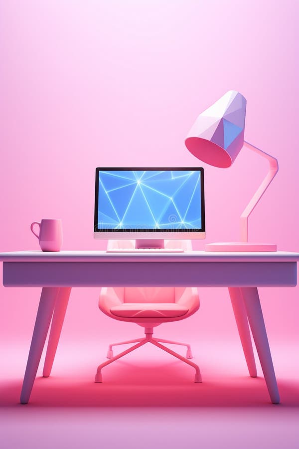 A Blue Computer with Accessories on the Table in a Pink Interior Stock ...