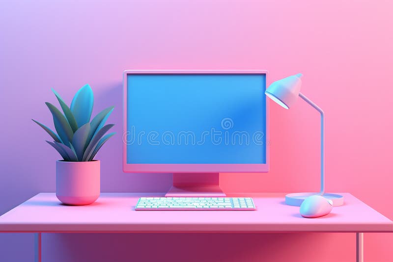 Blue Computer with Accessories on the Table in a Pink Interior Stock ...