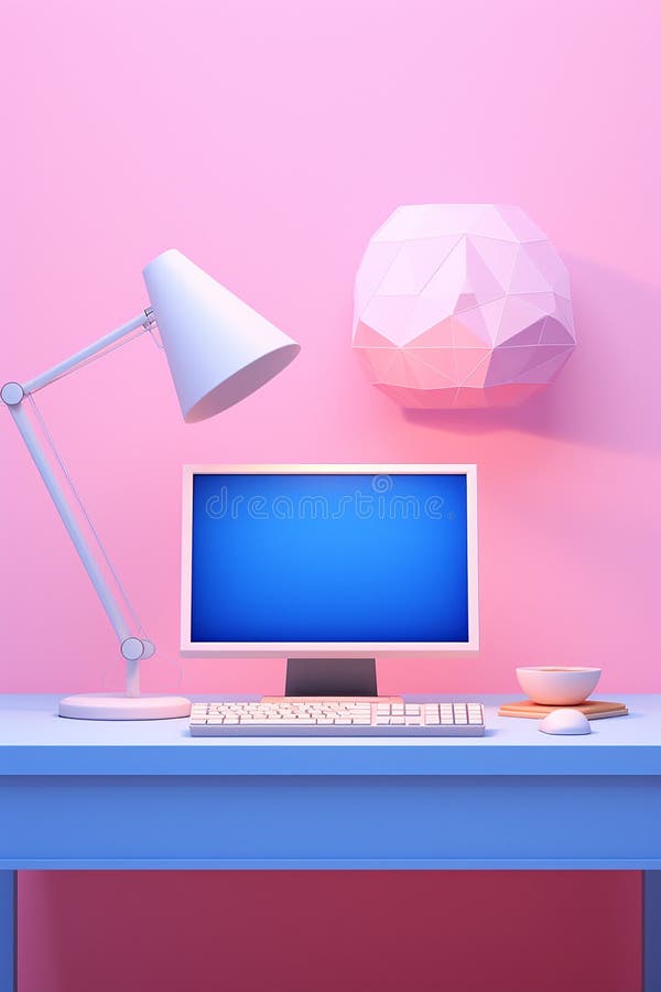 A Blue Computer with Accessories on the Table in Pink Interior Stock ...