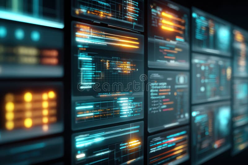 AI Bot Coding in Real Time with Glowing Interface Panels Showcasing Live Data and Programming ...