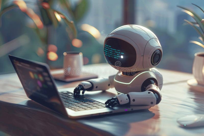 AI Bot on Laptop Answering Queries, Hightech Customer Care, Birdseye ...