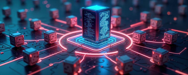 AI Bots Form Protective Barrier Around Central Network Server. Glowing ...