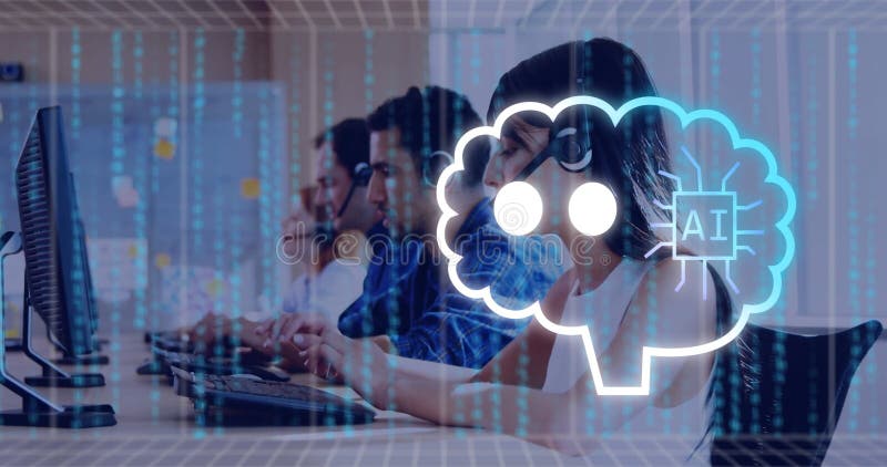 AI Brain Animation Over Diverse Customer Support Team Working at ...