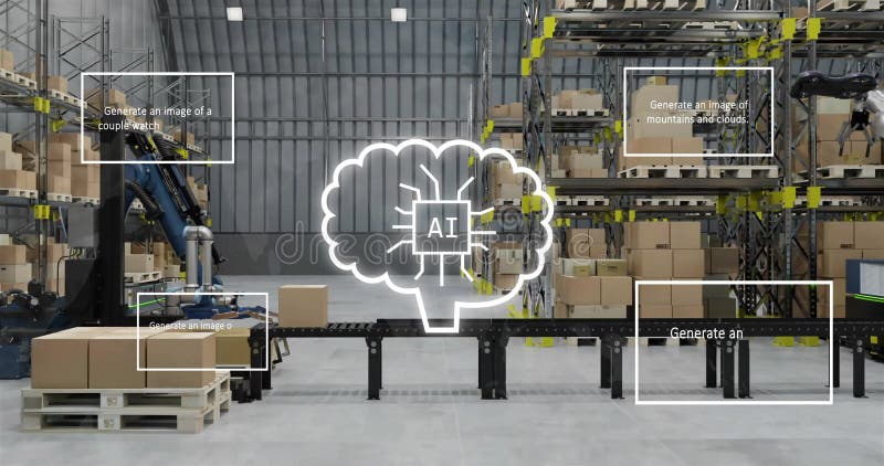 AI Brain Animation Over Warehouse with Boxes and Robotic Arms Stock Footage - Video of network ...