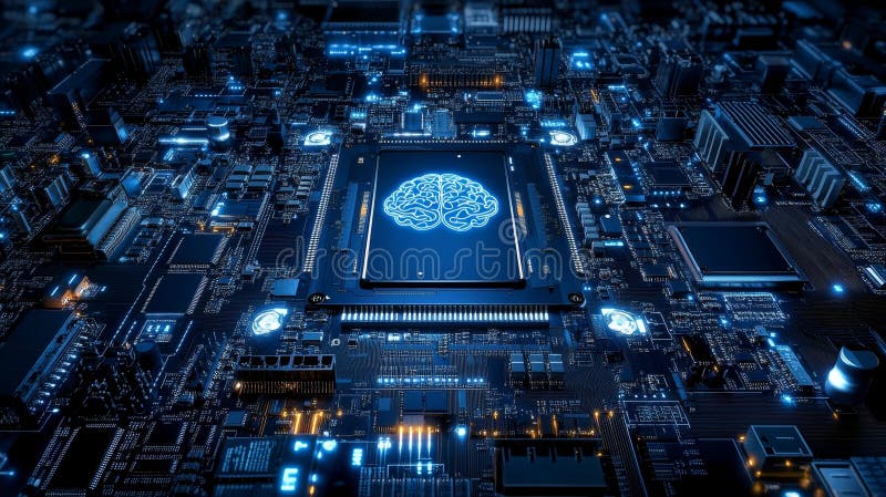 AI Brain Chip, Illuminated and Centered on a Futuristic Motherboard ...