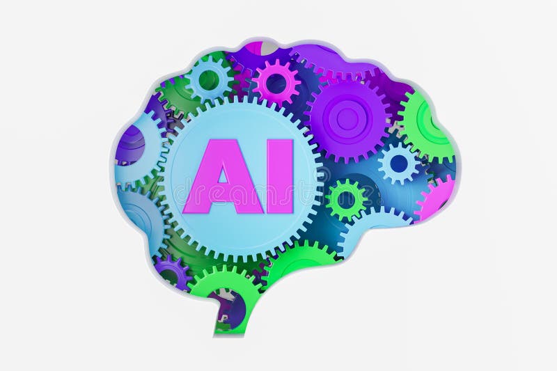 AI Brain with Colorful Gears on Empty White Background, Machine ...
