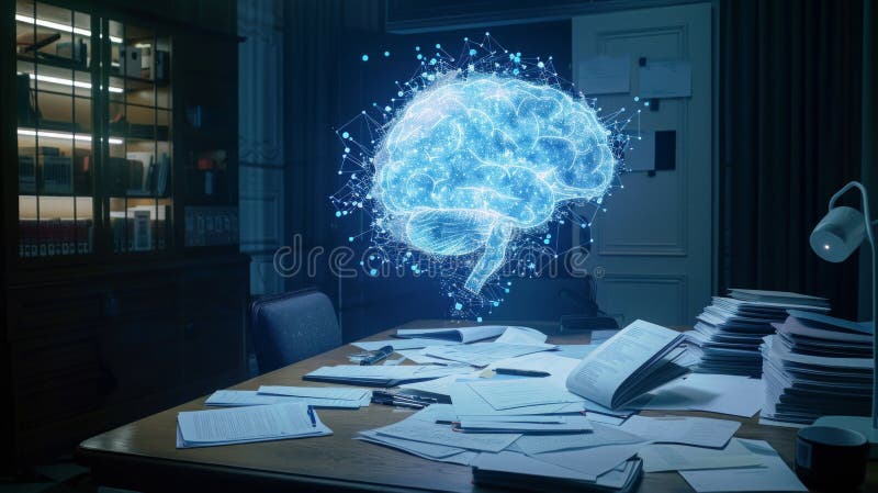 An AI Brain Composed of Digital Networks Hovers Over a Desk Cluttered ...