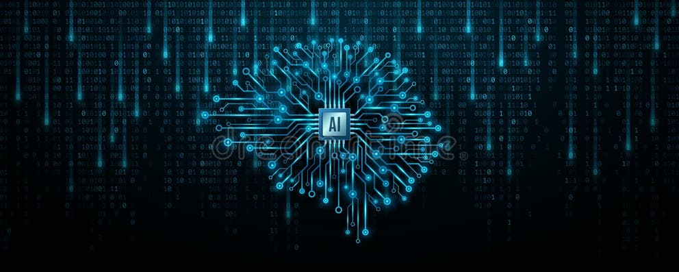 AI Brain with CPU Microchip and Glowing Circuit Board. Futuristic Flowing Binary Code into ...