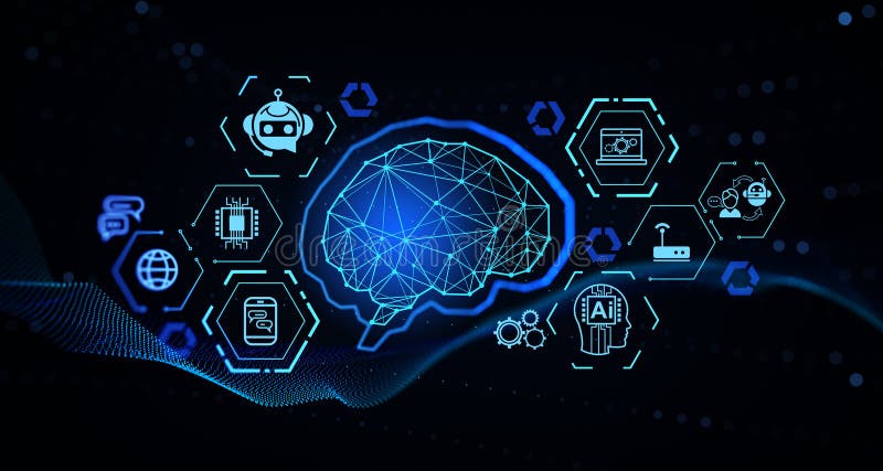 AI Brain Hologram, Futuristic Technologies Icons and Digital Connection ...