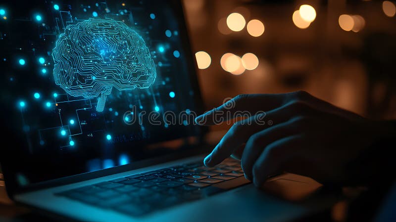 AI Brain on Laptop Screen Human Hand Typing, Artificial Intelligence ...