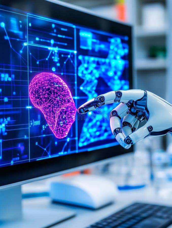 AI Brain Mapping Technology Robotic Hand Interacts with Digital Brain ...