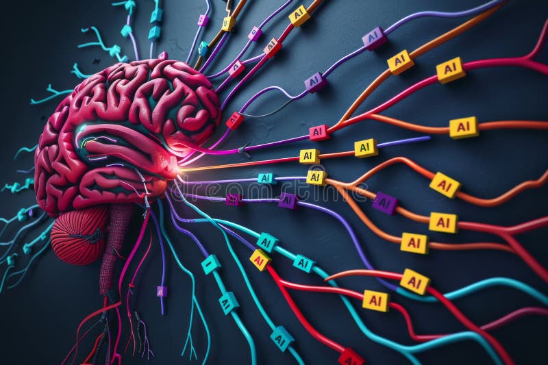 AI Brain with Neon Circuits and Data Flow, Representing Advanced Technology and Artificial ...