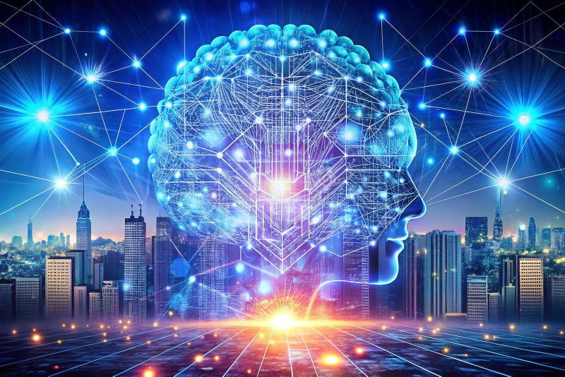 AI Brain Over Futuristic City at Night Stock Illustration ...