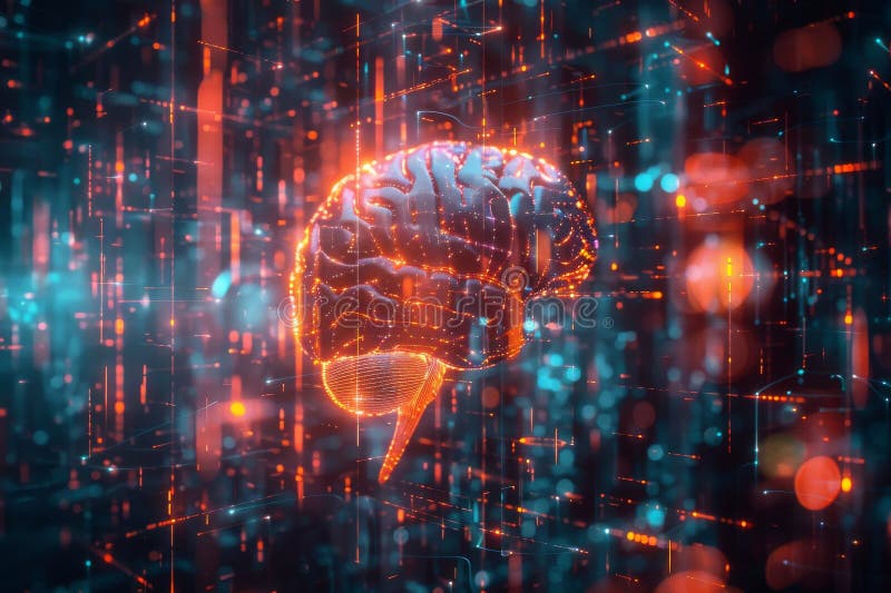 AI Brain Surrounded by Holographic Data Patterns, Deep Learning Algorithms Visualized As ...
