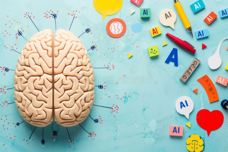 AI Brain with Tech Gadgets on Blue Background, Advanced Artificial ...