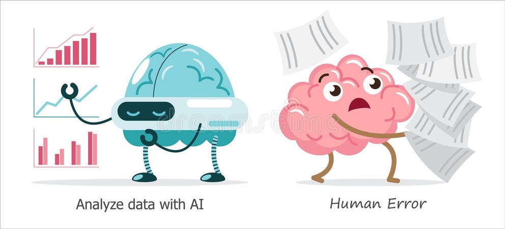 AI Brain Vs Human Brain in Data Analysis . Cartoon Character Stock ...