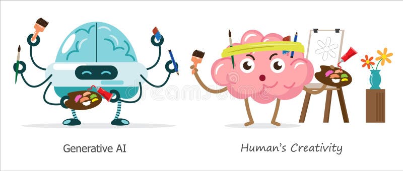 AI Brain Vs Human Brain in Compose a Music . Cartoon Character Stock ...
