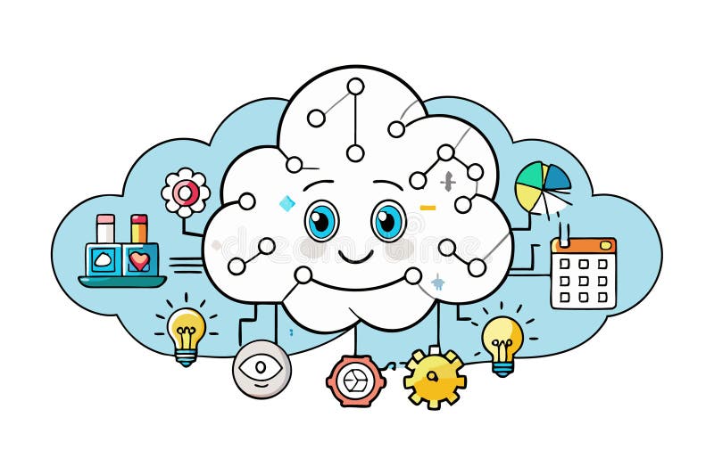 AI Brainstorming Cloud Filled with Gears, Graphs, and Lightbulbs, Representing Innovation and ...