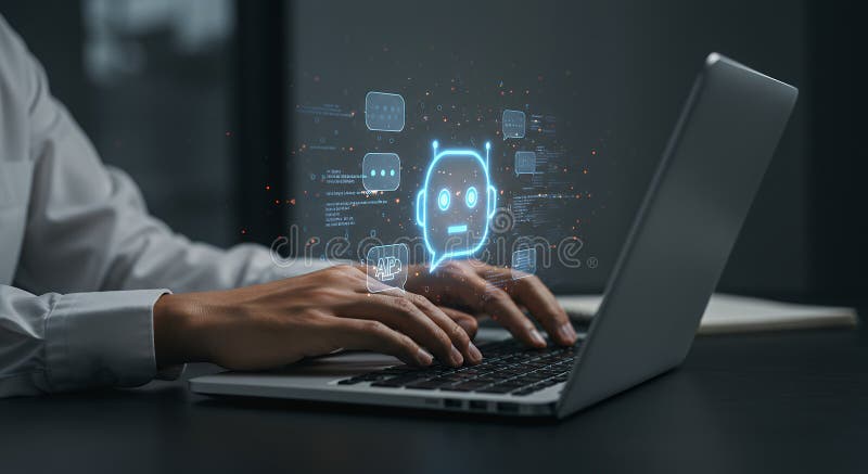 AI Chatbot Integration Person Typing on Laptop with AI Assistance ...
