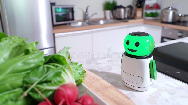 AI Chatbot Small Round Robot with a Friendly Face Sitting on a Kitchen ...
