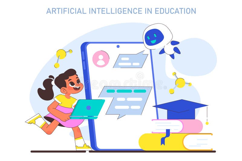 AI in Children Education. Little School Girl Gaining Knowledge with ...
