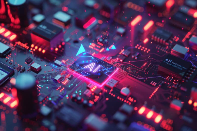 AI Chip on Board with Red Backlighting in Close-up. Stock Illustration ...