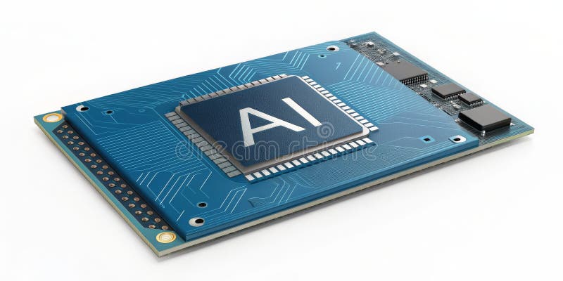 AI Chip 3D Render of Blue Circuit Board with AI Processor, Artificial Intelligence, Machine ...