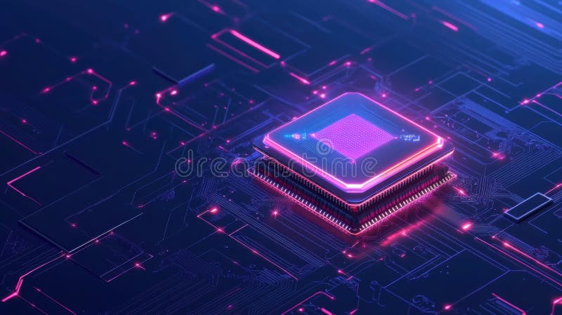 An AI Chip is Embedded in an Abstract Tech Brain Design on a Dark Blue ...