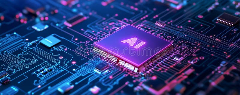 AI Chip Glowing Purple on a Blue Motherboard, Symbolizing Artificial ...