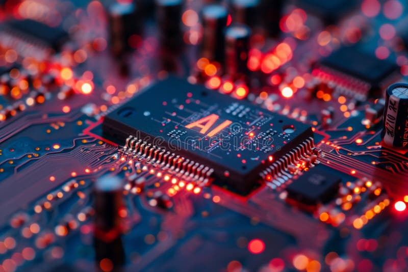 AI Chip Glowing Red on Circuit Board Technology Future Innovation ...
