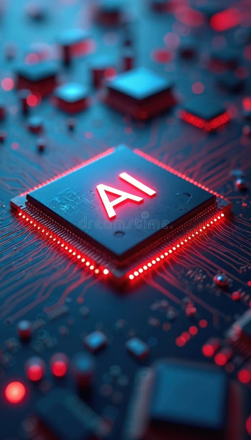 AI Chip Glows on Circuit Board. Advanced Tech Concept. Digital Tech ...