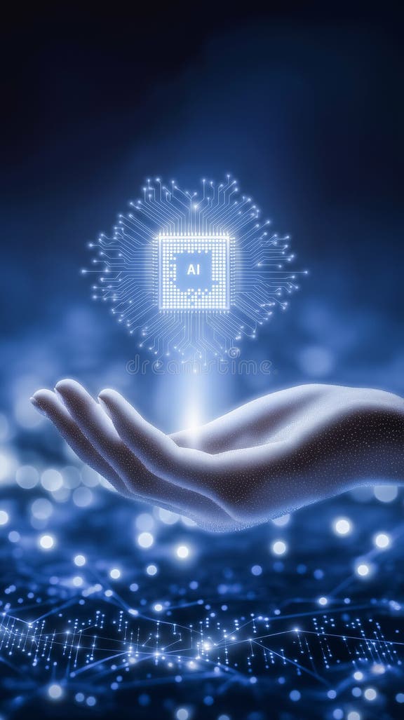 AI Chip Hovers Above Hand-shaped Platform Created from Data Particles ...