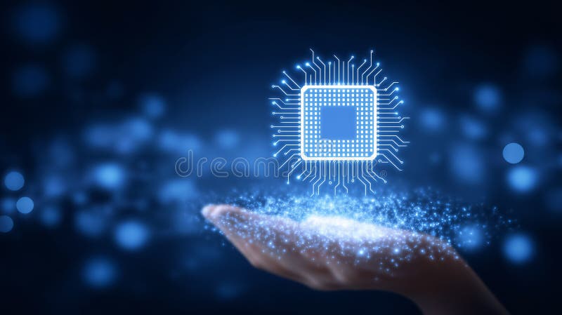 AI Chip Hovers Above Hand-shaped Platform Made of Data. Glowing Network ...